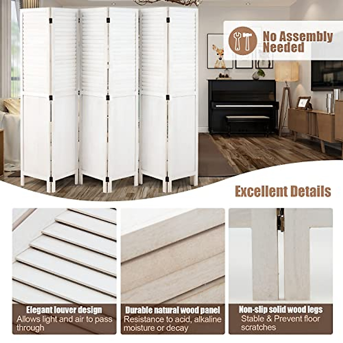 Vicluke 6 Panels Room Divider with 360 Degree Hinges, 5.6 FT Wood Folding Privacy Screen, Freestanding Partition Wall Dividers for Office, Home, Christmas Decor(White)