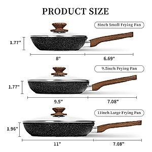 Frying Pan Set With Lids, Non Stick Pans Set Of 3, Nonstick Skillet Pans Set Egg Omelette Pans W/Lid, Non Toxic Cooking Kitchen Pan Set Induction Skillets, PFOA Free, Black