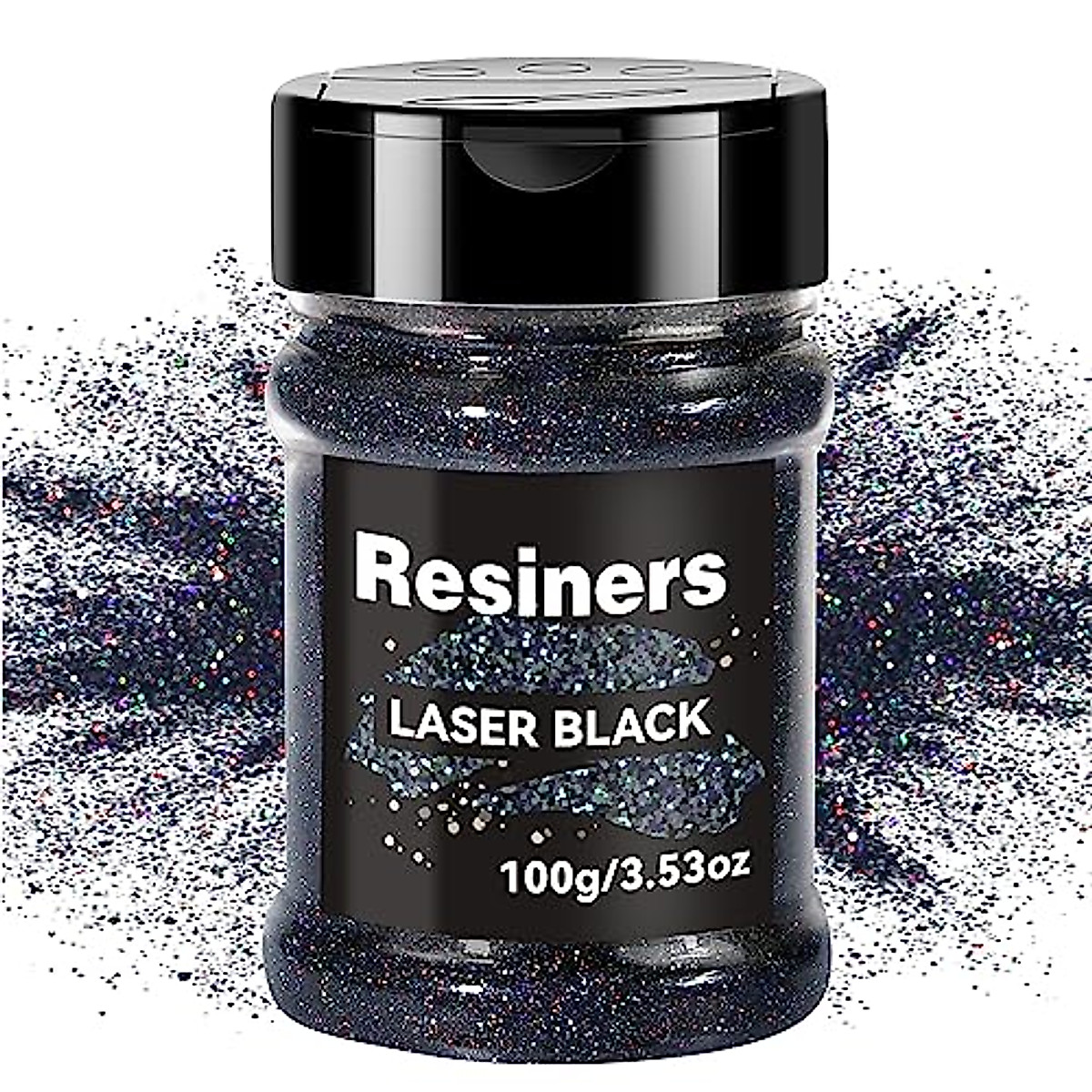 Resiners Holographic Ultra Fine Glitter Powder - 3.53oz/100g, 1/128" Metallic Epoxy Resin Glitter Sequins Flakes for Tumblers,Slime, Nails, Paint, Art Crafts - Laser Black