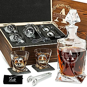 Personalized Whiskey Decanter and Stones Set - Customized Gift for Him - Men, Dad, Father - Engraved Twisted Whiskey Decanter, 2 XL Glasses, 2 XL Balls, 2 Coasters, Tongs, Pouch in Wooden Gift Box