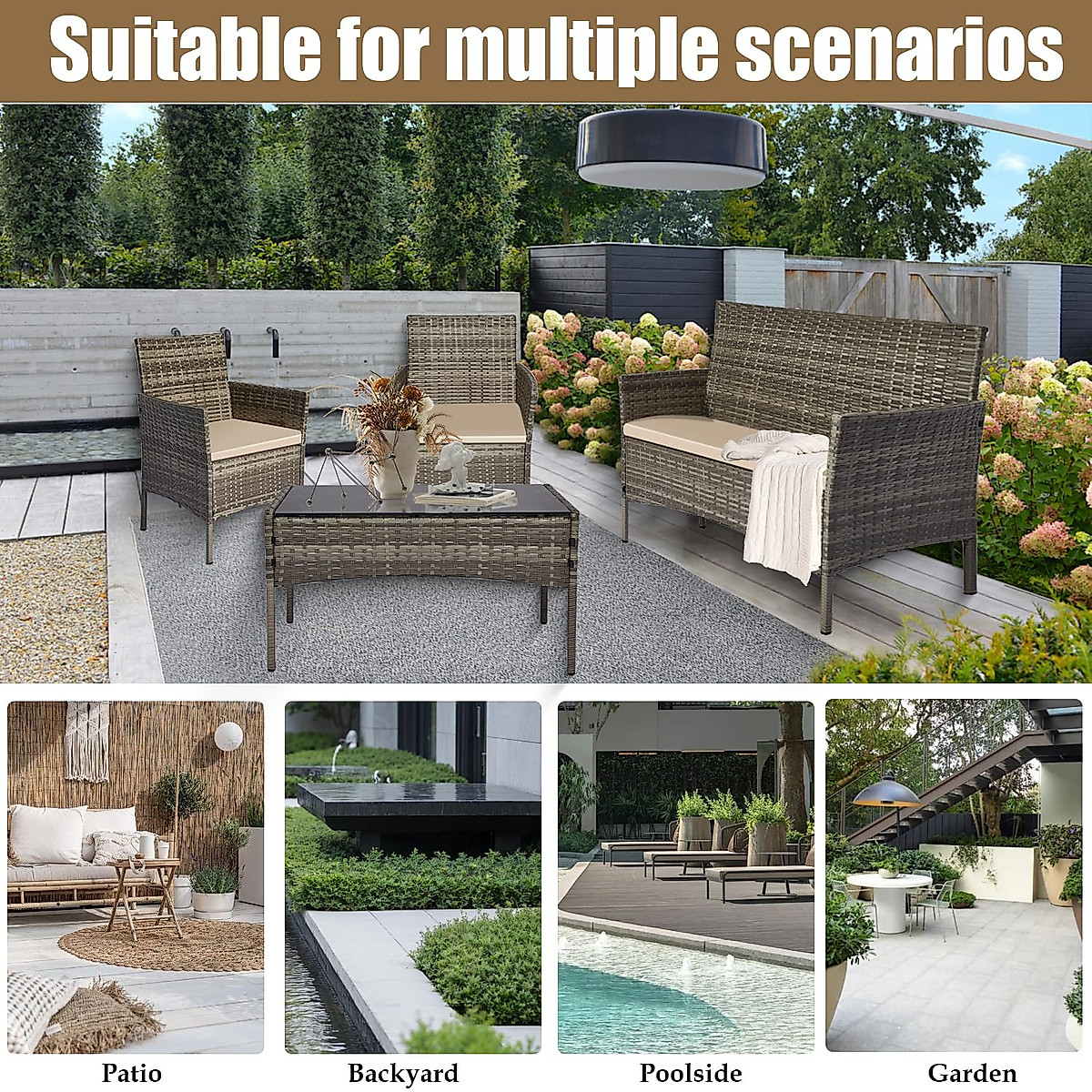 ECOLINEAR 4 Pieces Patio Furniture Set, Outdoor Conversation Sets, Wicker Rattan Chairs for Garden Backyard Balcony Porch Poolside, Patio Bistro Set with Glass Table and Soft Cushions (Brown)