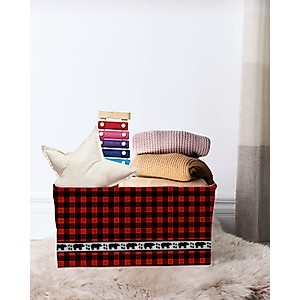 Red Black Plaid Bear Storage Bins 2 Pack, Large Waterproof Storage Baskets for Shelves Closet, Forest Wild Bear Silhouette Storage Basket Foldable Storage Box Cube Storage Organizer with Handles