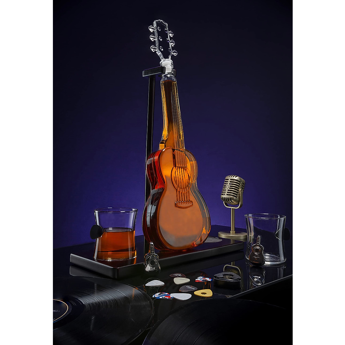 Guitar Whiskey & Wine Decanter & Mahogany Base - The Wine Savant 1000 ML Glass Decanter with 2 10oz Glasses 14" For Whiskey Music Lover & Guitar Player Gifts Musician Music Lovers