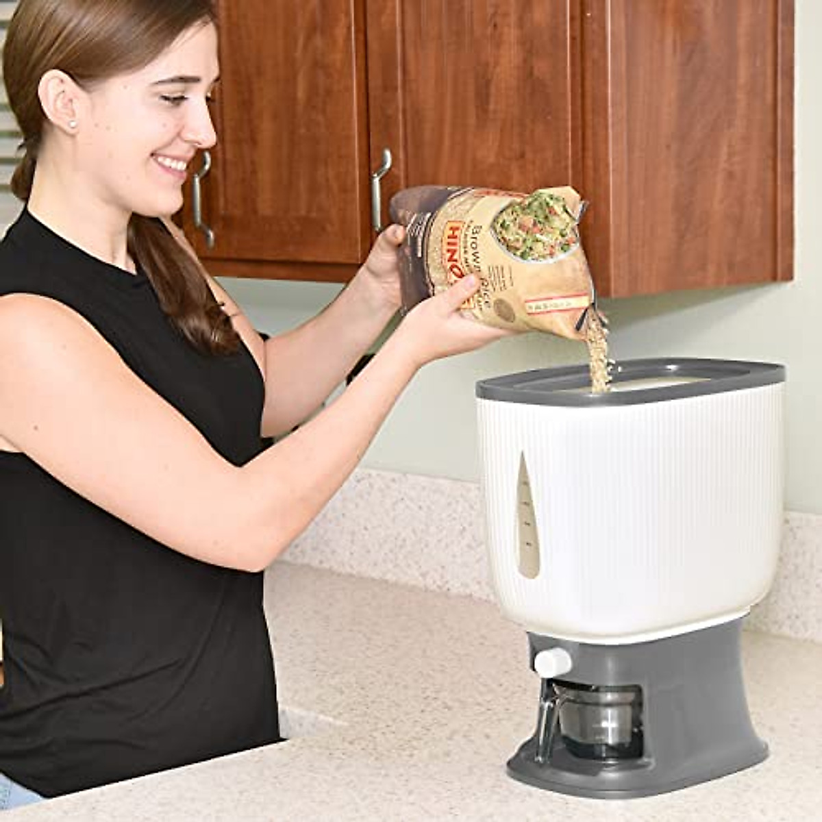 Variety Savings Coutnertop Rice Dispenser – Air Tight Rice Dispenser – Included Measuring Rice Cup & Cleaning Brush – Multipurpose Kitchen Rice Dispenser for Grains Cereal Snacks Nuts & More – 22 lbs - Gray