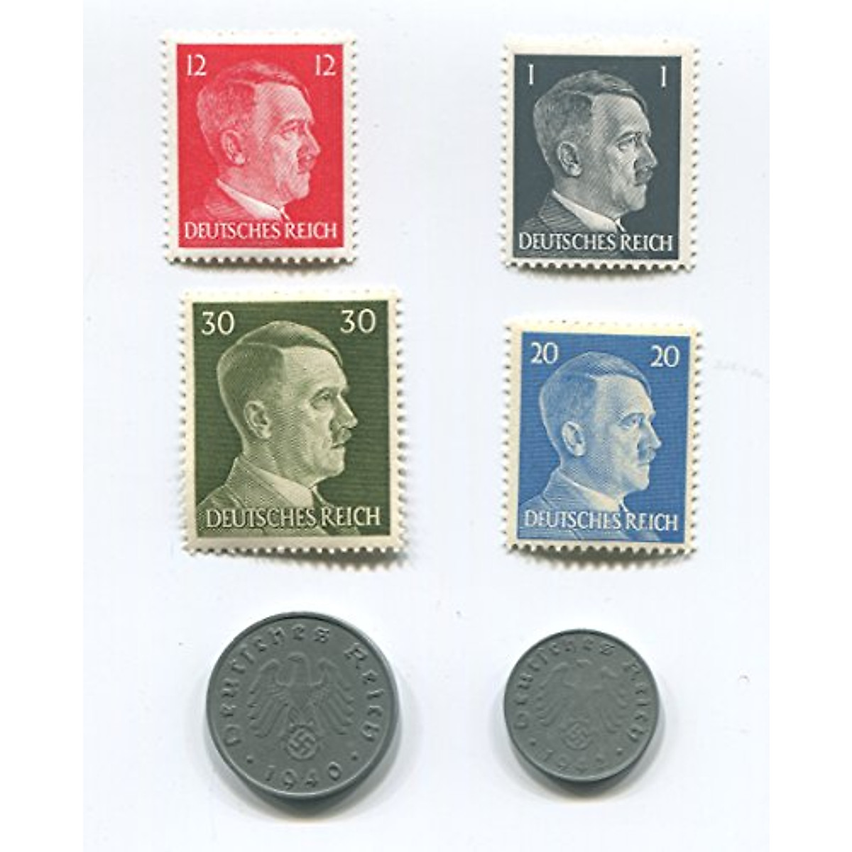 Premium Plus Nazi World War Two WW2 German Third Reich Swastika Coin and Hitler Stamp Set/Collection