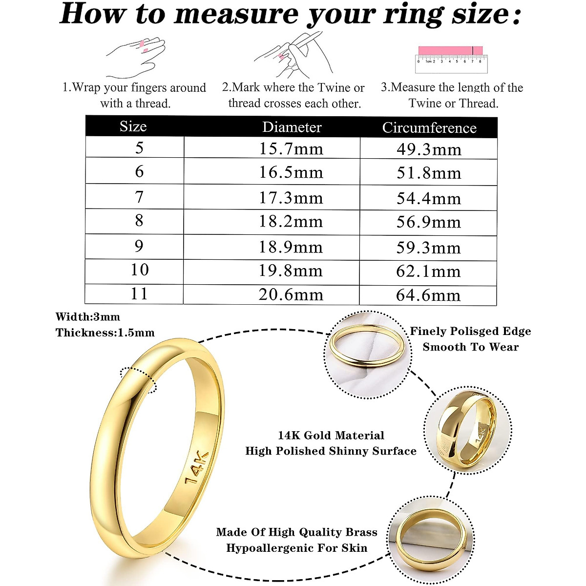FUNEIA 14K Gold Plated Band Ring for Women Men 2mm 3mm 4mm 5mm 6mm 8mm 10mm Wedding Bands Gold Stacking Stackable Plain Statement Thumb Finger Ring Comfort Fit Size 5-11