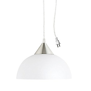 Globe Electric 64413 1-Light Plug-in Pendant, Brushed Steel, Frosted White Shade, 15ft Clear Cord, in-Line On/Off Switch, E26 Base Socket, Kitchen Island, Café, Hanging Light, Home Improvement