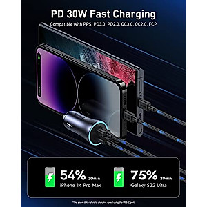 USB C Car Charger, Baseus 60W Car Phone Charger PD 30W & PD 30W Dual Port Fast Car Charger Adapter Compatible with iPhone 14 13 12 11 Pro Max, Samsung Galaxy S22/21/20 Note20/10, Pixel, Steam Deck