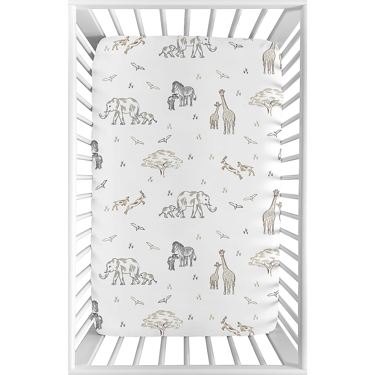 Sweet Jojo Designs Jungle Safari Animals Boy Girl Fitted Mini Crib Sheet Baby Nursery Portable Crib Pack Play Brown Taupe Black and White Gender Neutral Elephant Giraffe Wildlife Adventure Serengeti
