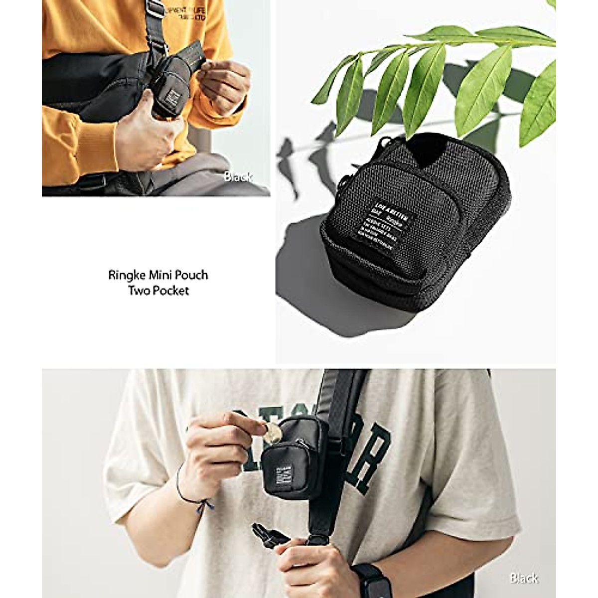 Ringke Mini Pouch [Two Pocket] Nylon Carrying Pouch Small Bag for AirPods, Galaxy Buds, Earphones, Cards, ID - Black