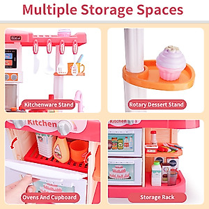 LZZAPJ Kids Play Kitchen Playset, Toy Kitchen with Remote Control Lights and Music,Pretend Steam and Play Sink, Pink Kitchen Accessories Set for Kid, Toddler Birthday for Boy Girls