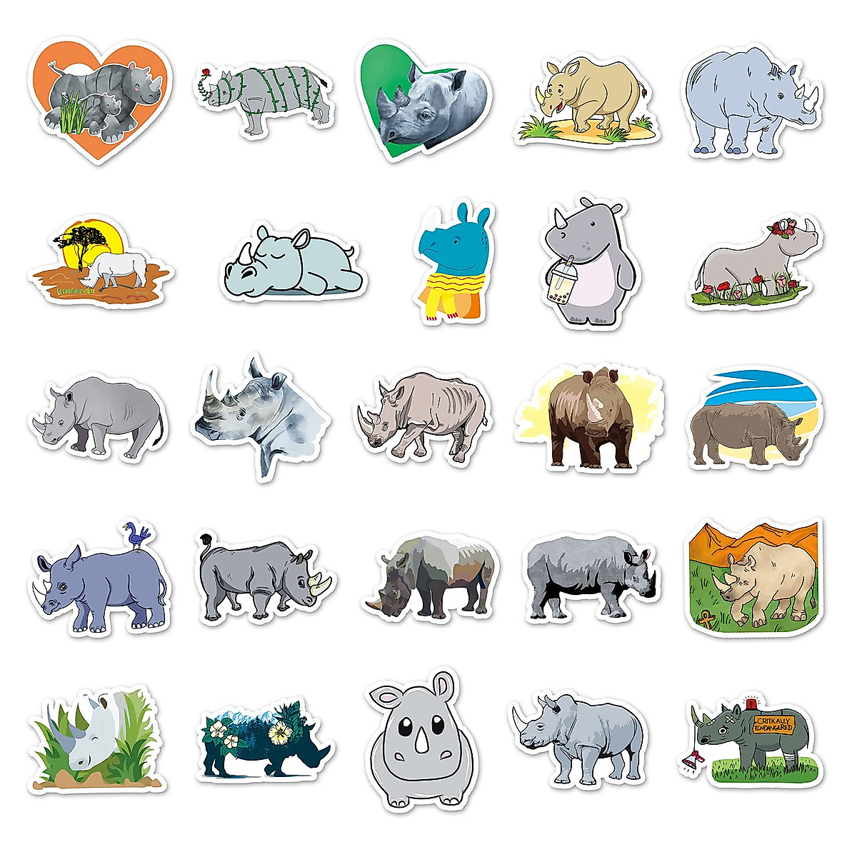 Cute Rhino Stickers,Cartoon 50 PCS Funny Rhinoceros Animal Vinyl Stickers,Laptops Water Bottles Computer Skateboard Journal Sticker Decals for Kids Teens Girls