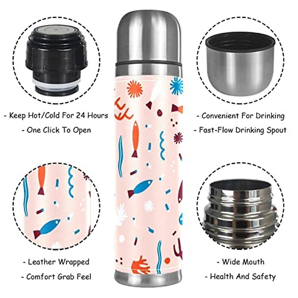 Cute Fish Coral Vacuum Insulated Stainless Steel Water Bottle, Double Walled Travel Thermos Coffee Mug 17 OZ for School Office