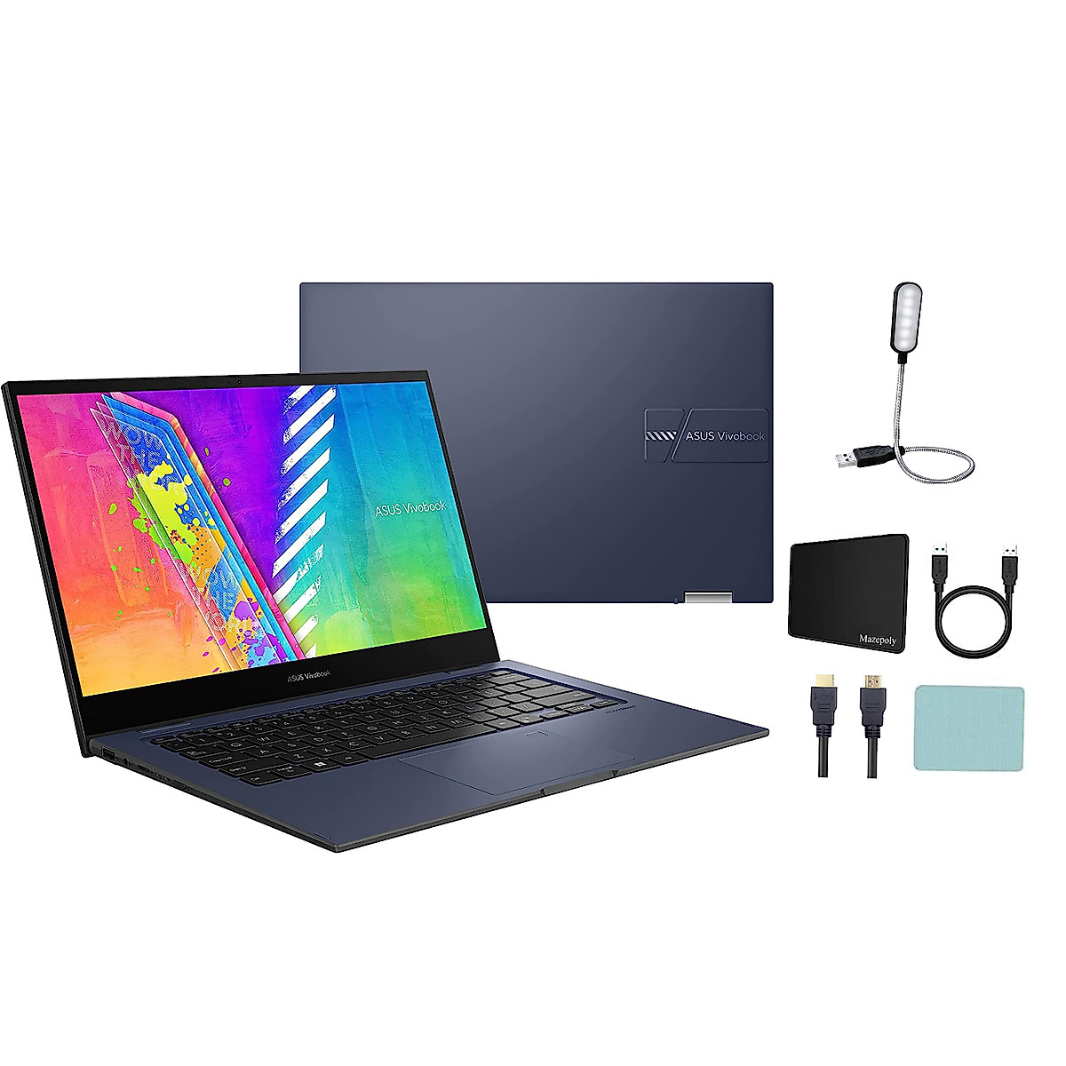 ASUS VivoBook Go 14 Flip Thin and Light 2-in-1 Laptop, 14'' HD Touch, Intel Celeron N4500, 4GB RAM, 64GB eMMC + 512GB SSD, NumberPad, Win 11, 1-Year Microsoft 365, Quiet Blue + Accessories