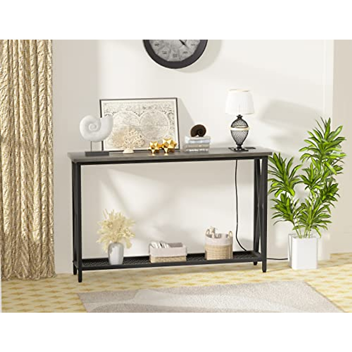 Zoopolyn Console Sofa Table with Power Outlet and USB Ports Narrow Couch Table for Living Room 47 Inch Entrance Hallway Table with Shelf Grey Oak