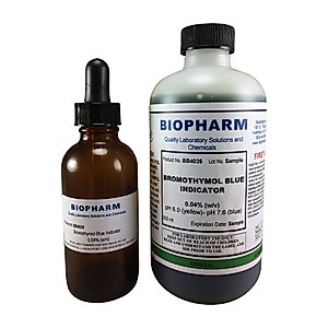 Bromothymol Blue Indicator 0.04% (w/v) — 250 mL (8.4 fl oz) — Includes an Empty 50 mL Dropper Bottle and Dispensing Cap — pH 6.0 (Yellow) - pH 7.6 (Blue)