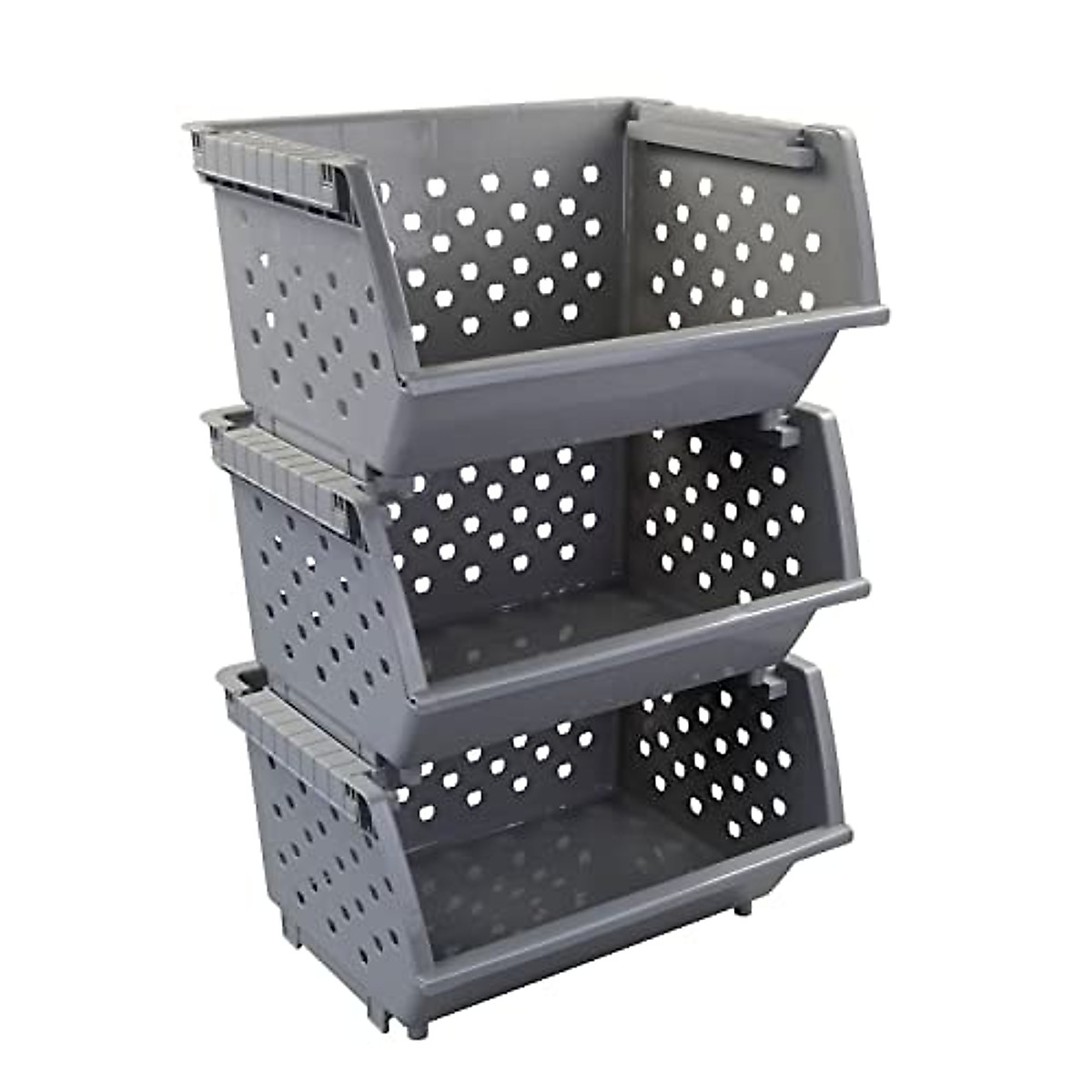 Buyitt 3-Pack Plastic Stackable Storage Baskets, Stacking Organizer Bins, Grey