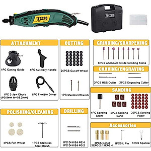 TECCPO Rotary Tool Kit 1.5 amp, 6 Variable Speed with Flex shaft, Universal Keyless Chuck, 84 Accessories, Cutting Guide, Auxiliary Handle and Carrying Case, Multi-functional for Crafting Projects