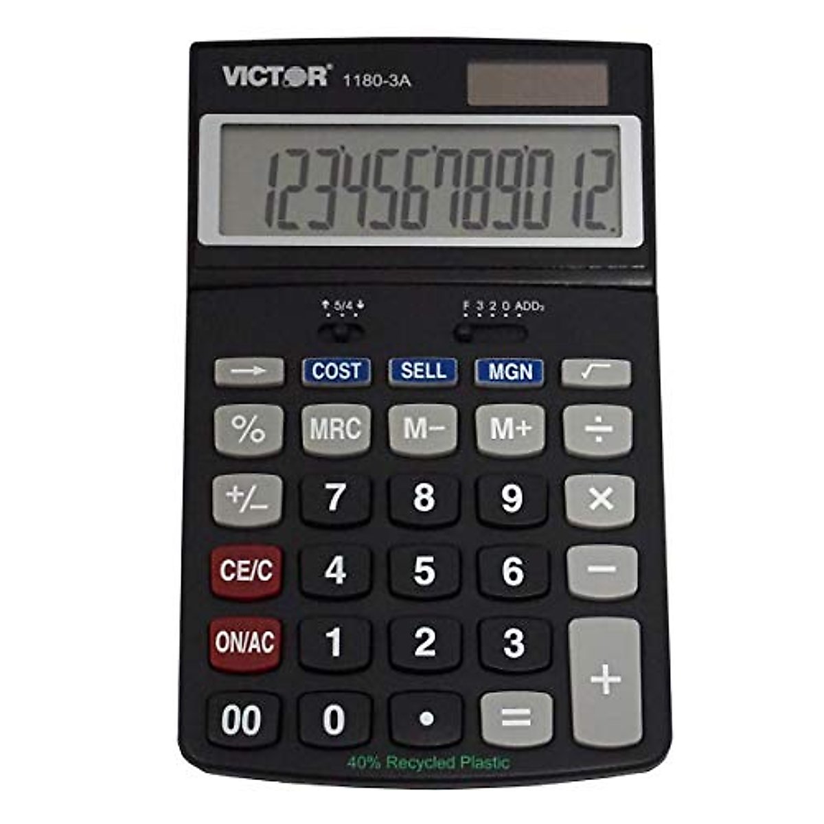 Victor 1180-3A 12-Digit Standard Function Calculator, Battery and Solar Hybrid Powered Adjustable Angle LCD Display, Great for Home and Office Desks, Black