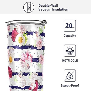 Jihqo Stripes Rose Print Tumbler with Lid and Straw, Insulated Stainless Steel Tumbler Cup, Double Walled Travel Coffee Mug Thermal Vacuum Cups for Hot & Cold Drinks 12oz