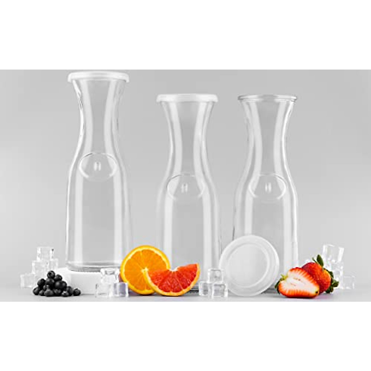 Kook Glass Carafe Pitchers, Beverage Dispensers, Clear Jugs For Mimosa Bar, Water, Wine, Milk and Juice, with Plastic Lids, Dishwasher Safe, 35 oz, Set of 3
