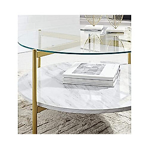 Signature Design by Ashley Wynora Contemporary Round Coffee Table with Glass & Faux Marble, White & Gold