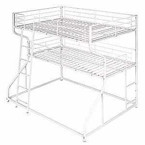 KoiHome Full Over Twin Over Queen Size Triple Bunk Bed with 2 Ladders, Metal Low Bed Frame with Full-Length Guardrail for Kids Teens Girls Boys Bedroom, Space-Saving, No Box Spring Needed, White