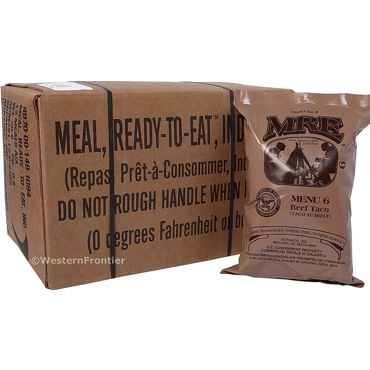 MRE A-Menu Case, 2018 Inspection Date Military Meal-Ready-to-Eat. Case of 12 Genuine US Military Surplus MREs with A Case Menu Selections.