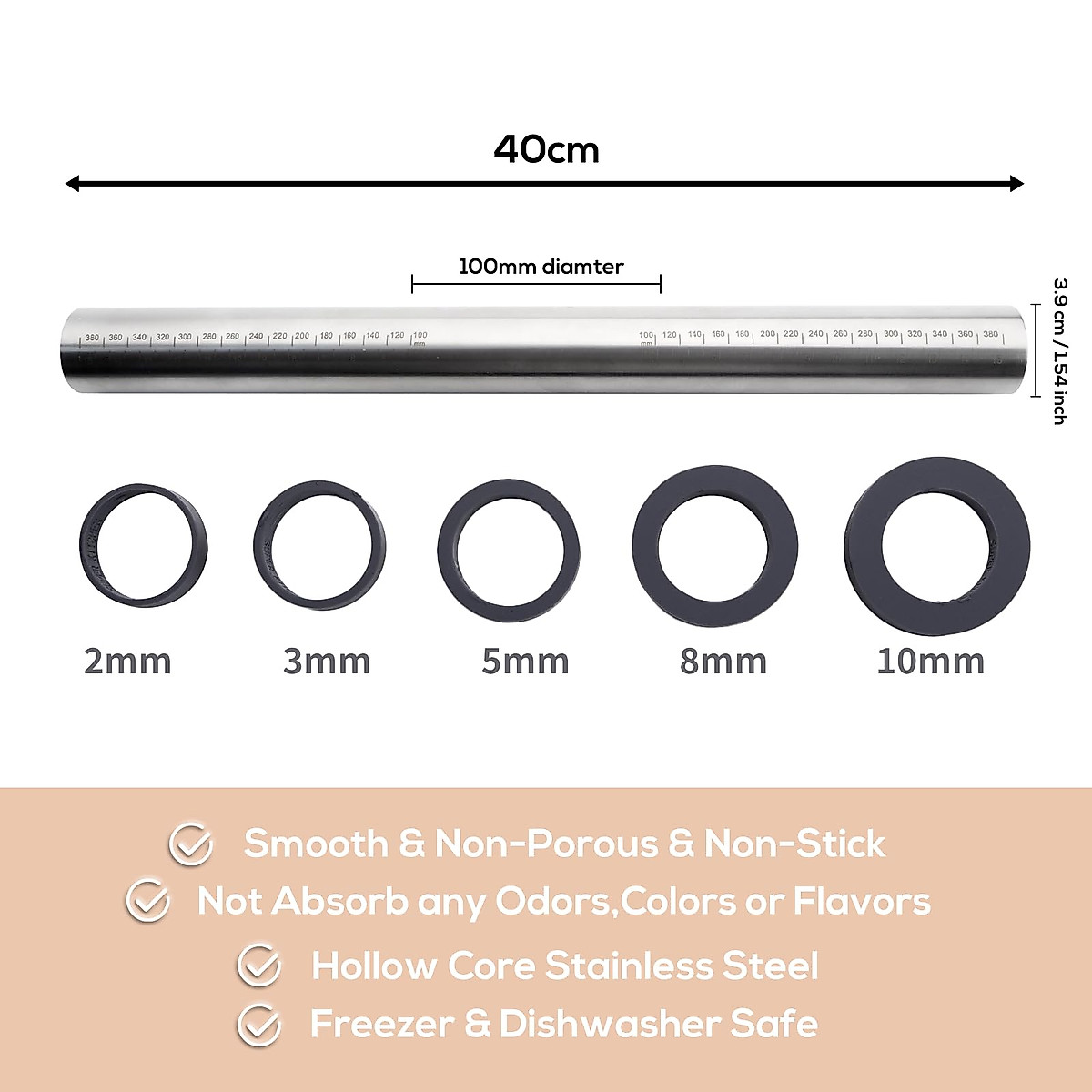 Adjustable Rolling Pin with Thickness Rings for Baking -Non Stick Stainless Steel Dough Roller Pin with Bands for Cookie,Wood,Wooden and Bread (Grey, 15.8 '')