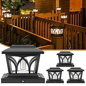 APONUO Solar Post Cap Lights Filament 1000mAh,4x4 Post Solar Lights 2 Brightness Levels 8/16LM Waterproof Solar Fence Post Lights for 4x4,6x6 Posts Caps Wood,4x4 Vinly Post Caps,Black,4 Pack