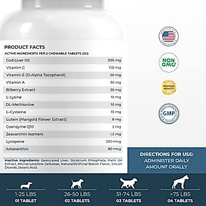 Eye Support for Dogs - 120 Chewable Tablets - Dog Supplements for Vision, Eye Vitamins for Dogs, Antioxidant, Dog Omega Supplement, Omega 3 EPA and DHA Fatty Acids, Lutein and Astaxanthin