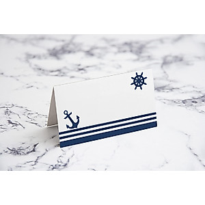 Nautical Place Cards - 25 Pack - Nautical Food Cards. Blue Anchor and Captain’s Wheel over Stripes Design, for Dinner Parties, Banquets, Cocktail Parties, Buffet. 2” x 3.5”. Scored for Folding.
