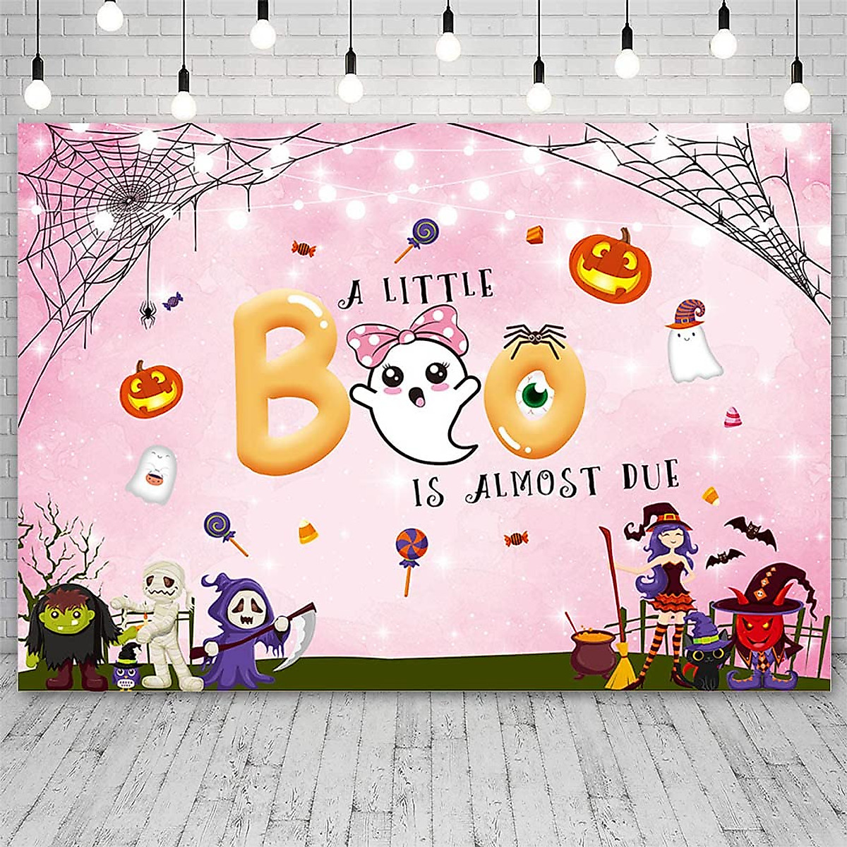 Sendy 7x5ft Halloween Baby Shower Backdrop for Girl A Little Boo is Almost Due Photography Background Ghost Spider Web Pumpkin Lamp Party Decorstions Cake Table Banner Photo Booth Supplies