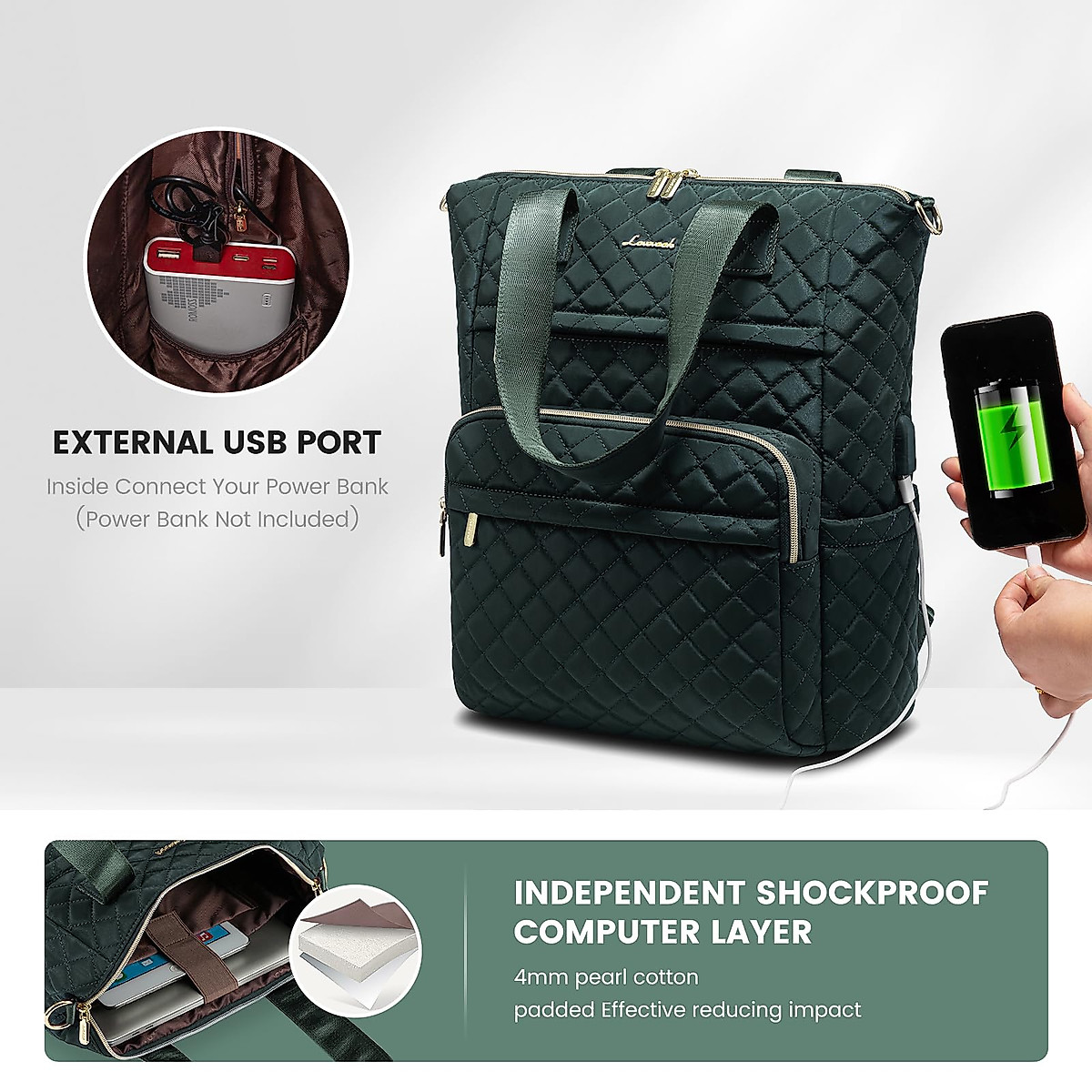 LOVEVOOK Laptop Backpack for Women 17 inch,Diamond Quilted Convertible Backpack Tote Laptop Computer Work Bag,Womens Travel Backpack Purse College Teacher Carry on Back pack with USB Port,Dark Green