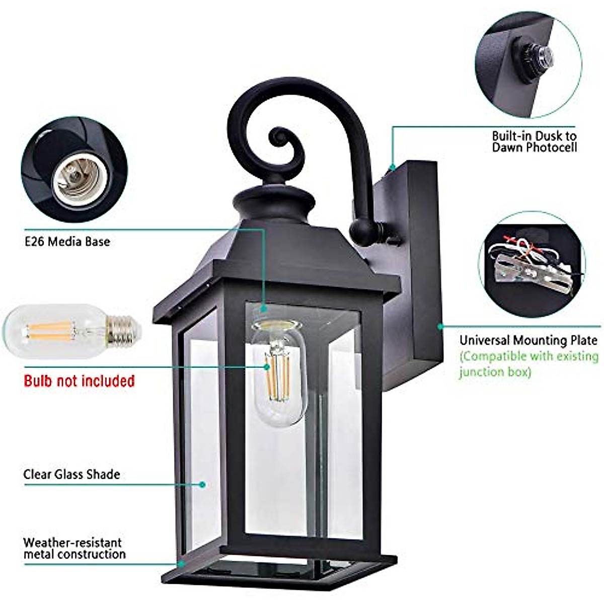 Outdoor Wall Light Dusk to Dawn Sensor Porch Light Exterior Wall Sconce Waterproof Matte Black Wall Lantern Outdoor Light Fixture Wall Mount Outdoor Light for House (Bulb Not Included)