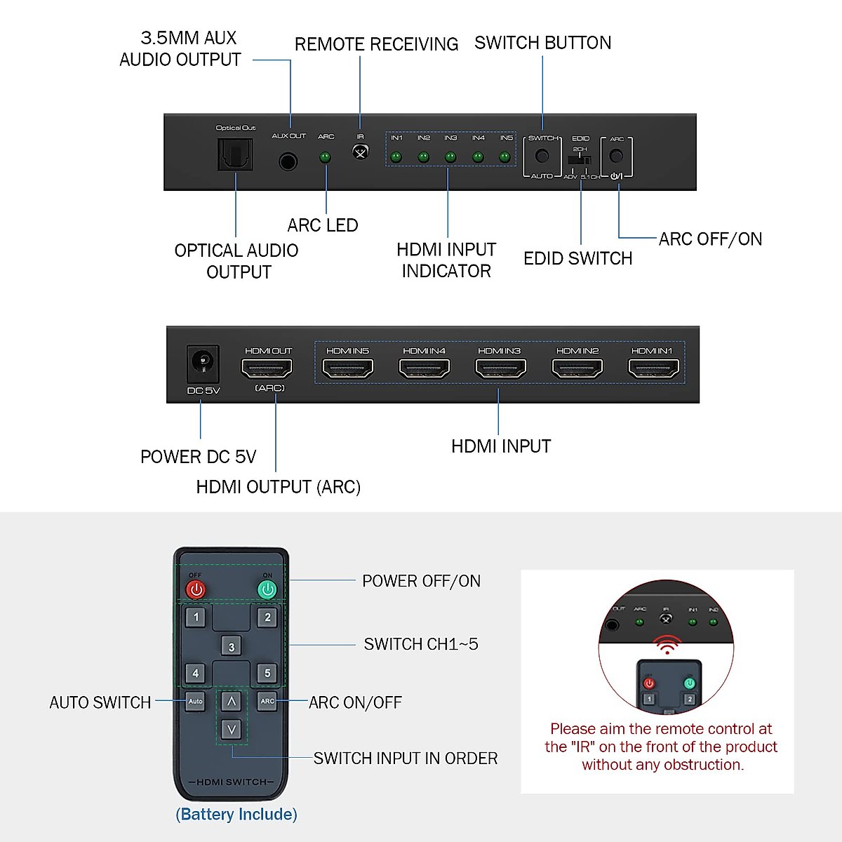 4K@60Hz HDMI Switch 5x1 with Audio Extractor, avedio links 5 Port HDMI Switcher with Optical SPDIF + 3.5mm Audio, 5 in 1 Out HDMI Audio Selector Switch Box with Remote Support HDR10 ARC 18Gbps HDCP2.2
