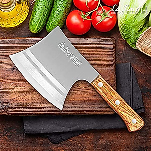 LA TIM'S Meat Cleaver Knife, 2 lb Heavy Duty Cleaver with Hand Forged High Carbon Steel, Butcher Knife for Chopping Bones, Solid Wood Handle
