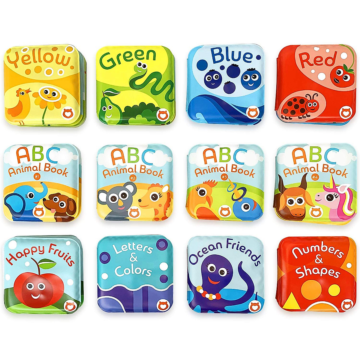 Super Bath Book Set of 12 (Fruits, Ocean Friends, ABC, Numbers Books; Color Recognition Bath Books Including Yellow, Green, Red and Blue Color Topics, ABC Animal Bath Books.