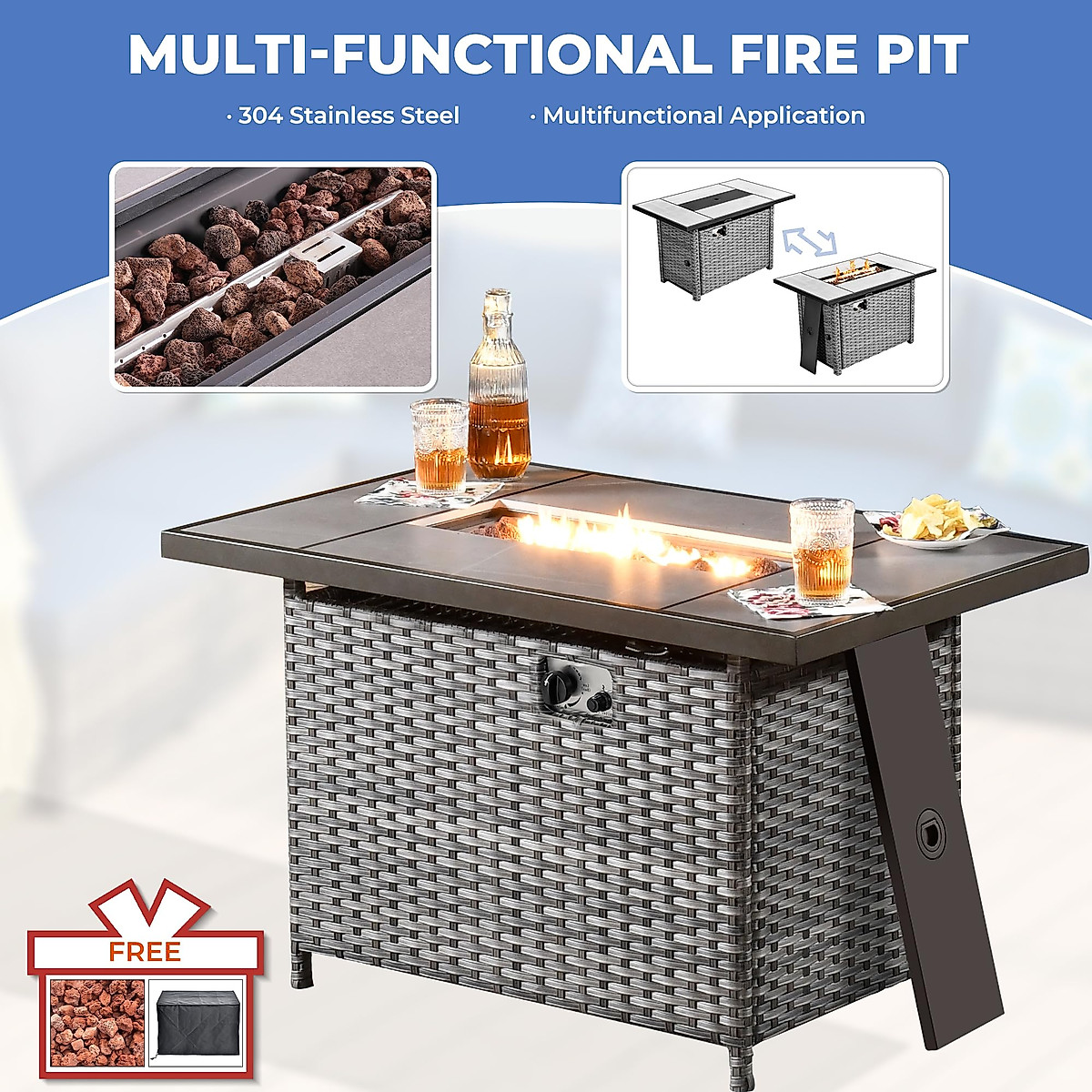 XIZZI Patio Furniture with Swivel Rocking Chairs,10 PCS Outdoor Sectional Sofa with 42" 50000 BTU Propane Fire Pit Table and Side Table,All Weather PE Rattan Outside Conversation Set (Denim Blue)