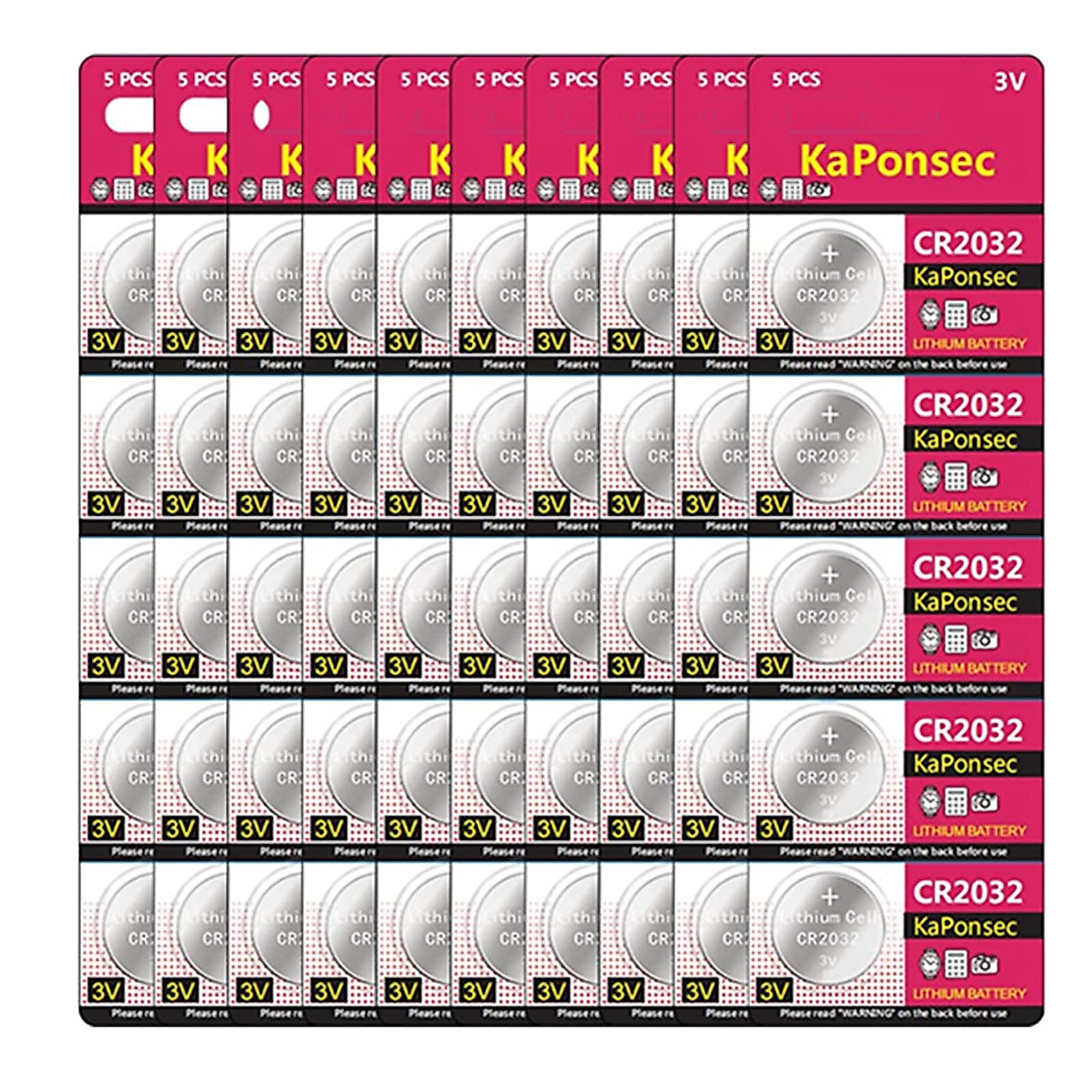 KaPonsec 50 Pack CR2032 DL2032 3V Lithium Coin Cell Battery