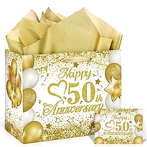 50th Anniversary Paper Gift Bag, White Gold 50th Anniversary Party Gift Bag with Tissue Papers Card 50th Wedding Anniversary Paper Gift Wrapping Bag 50th Golden Wedding Anniversary Christmas Decor