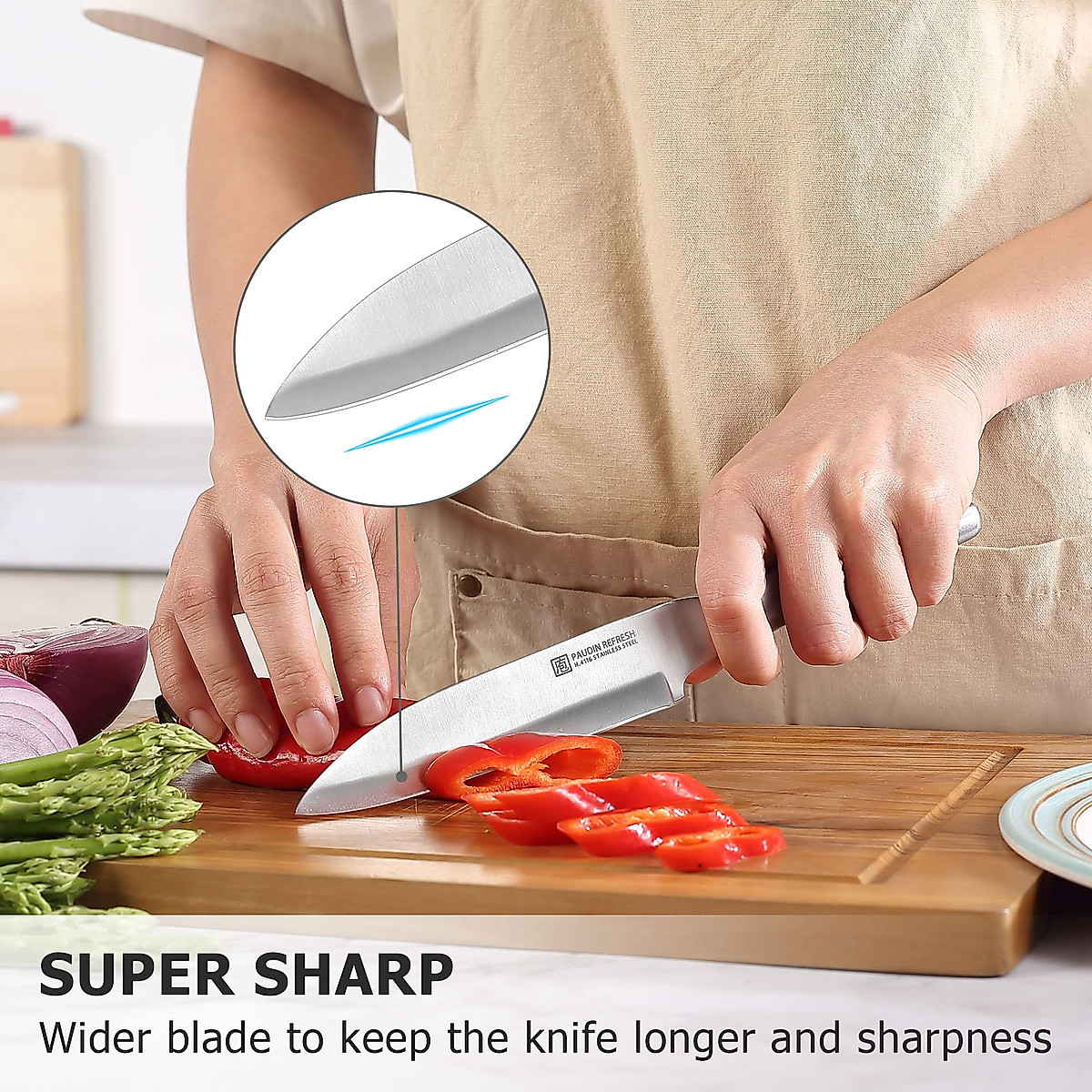 PAUDIN Kitchen Knife, High Carbon German Stainless Steel Chef Knives, Super Sharp Chef's Knife with Ergonomic Hollow Handle (Silver 5 inch)