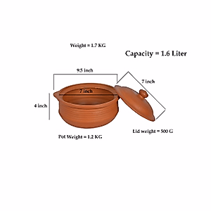 Village Decor Earthen clay cooking pot with lid (Capacity = 1000-1500 ml, Brown)