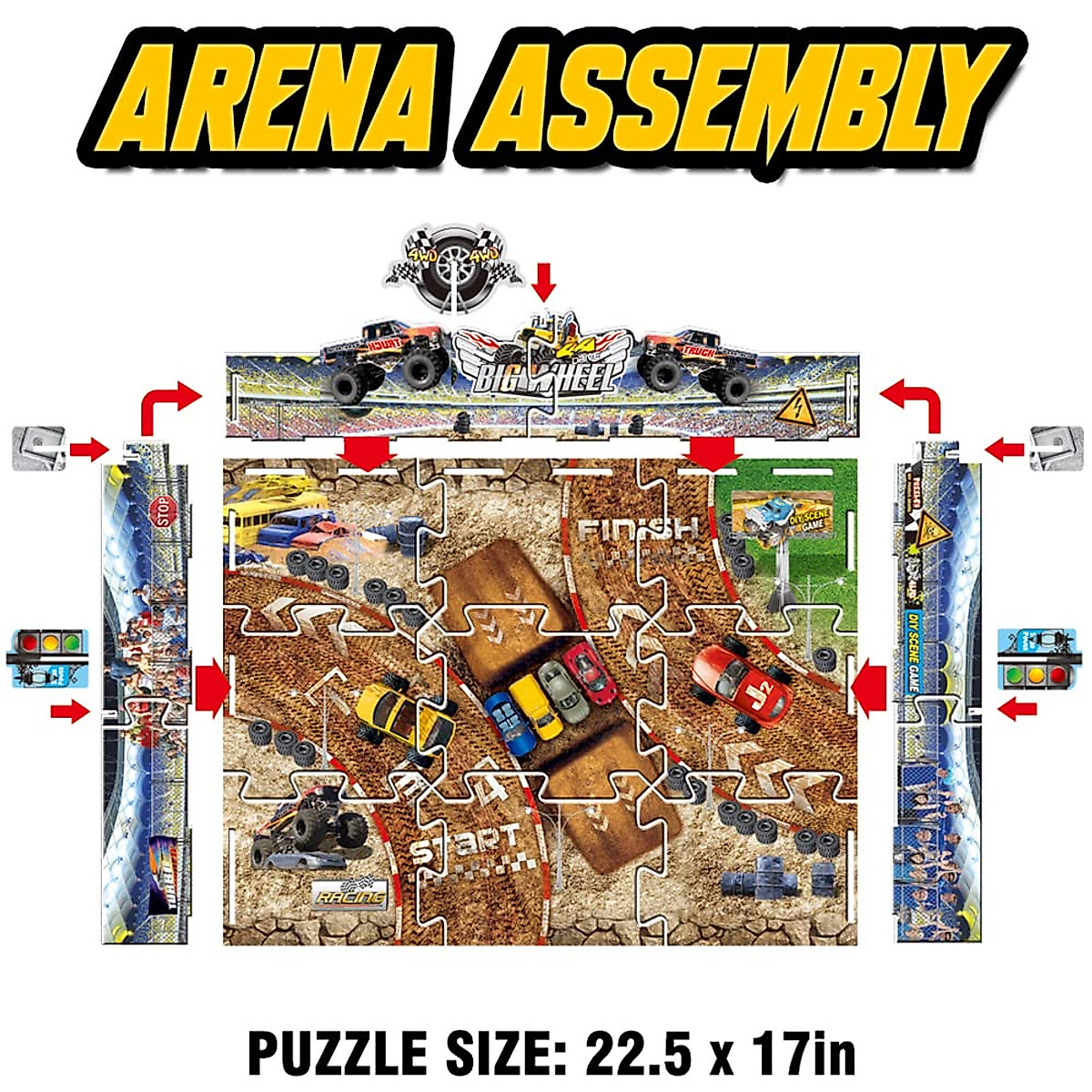 Big Wheel Monster Truck Stunt Stadium Playset with DIY Puzzle Construction Playmat, 2 Friction Monster Trucks, and Play Dirt (38 Pcs)