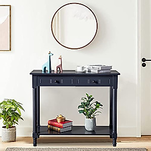 Karl home Console Table with 2 Drawers, Narrow Sofa Side Table Entryway Desk with Bottom Storage Shelf, TV Stand for Living Room Hallway Office, Navy Blue/Black 29.7" H