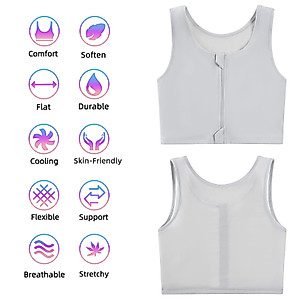 XUJI Women Transgender FTM Zip Up Breathable Half Chest Binder Tank Top (GR, XL) Grey