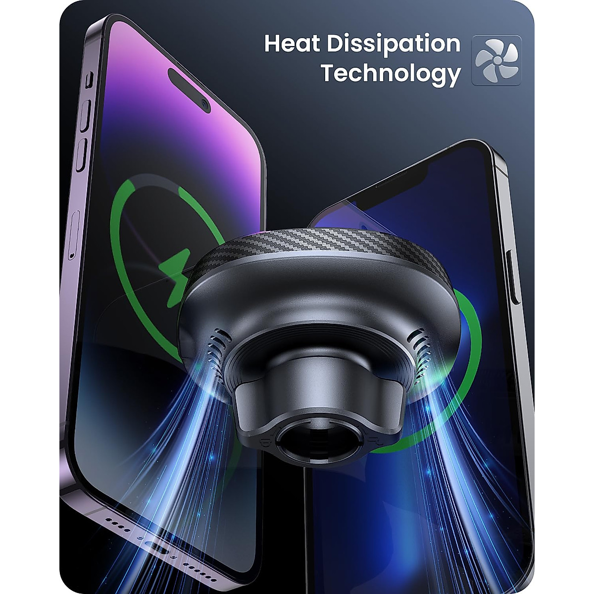 OQTIQ Magnetic Wireless Car Charger Compatible with Magsafe Case/iPhone 14/13/12 Series, Fast Charging with Cooling Fan Car Phone Mount for Windshield Dashboard Air Vent [with QC 3.0 Adaptor]