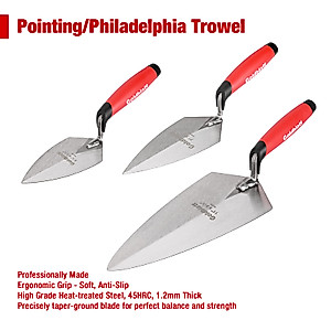 Goldblatt 6PC Masonry Hand Tool Set - 11" x 5-1/2" Philadelphia Brick Trowel, 2PC Pointing Trowel, 5" x 2" Margin Trowel, 1/2" Tuck Pointing Trowel, 5/8” x 1/2” Convex Brick Jointer