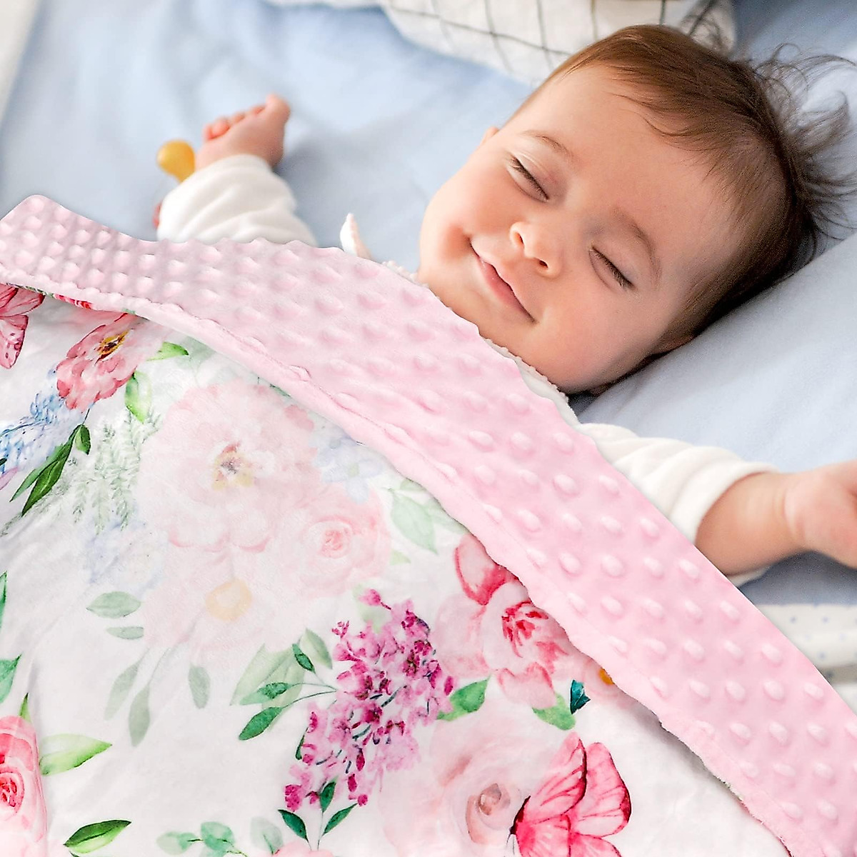 Baby Blankets for Girls Super Soft Minky Toddler Blanket 30x40 Inches, Double Layer, Dotted Backing, Floral Baby Crib Blanket for Nursery, Baby Car Seat, Pet, Pink Flower