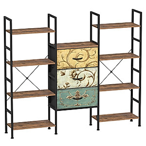 Tohomeor Triple Wide Bookcase with 3 Retro Flower Fabric Storage Drawers 4-Tier Bookshelf with 9 Open Display Shelves Industrial Bookshelf for Bedroom Home Office Living Room